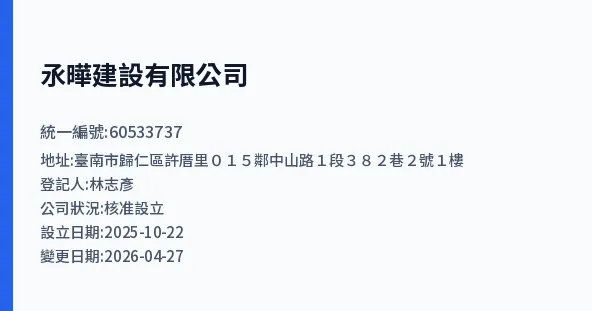 氶曄建設有限公司的照片-統編 60533737(臺南市) 公司登記資料與營業項目詳細圖表