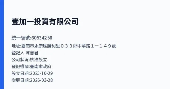 壹加一投資有限公司的照片-統編 60534258(臺南市) 公司登記資料與營業項目詳細圖表