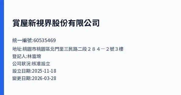賞屋新視界股份有限公司的照片-統編 60535469(桃園市) 公司登記資料與營業項目詳細圖表