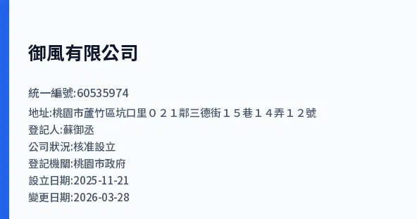 御風有限公司的照片-統編 60535974(桃園市) 公司登記資料與營業項目詳細圖表