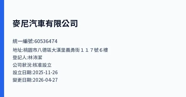 麥尼汽車有限公司的照片-統編 60536474(桃園市) 公司登記資料與營業項目詳細圖表