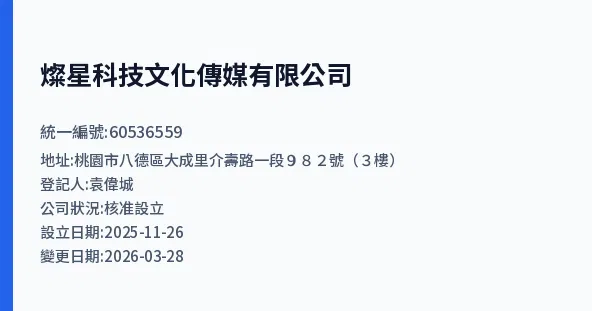 燦星科技文化傳媒有限公司的照片-統編 60536559(桃園市) 公司登記資料與營業項目詳細圖表