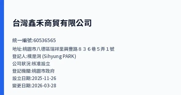 台灣鑫禾商貿有限公司的照片-統編 60536565(桃園市) 公司登記資料與營業項目詳細圖表