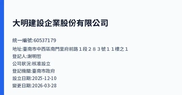 大明建設企業股份有限公司的照片-統編 60537179(臺南市) 公司登記資料與營業項目詳細圖表