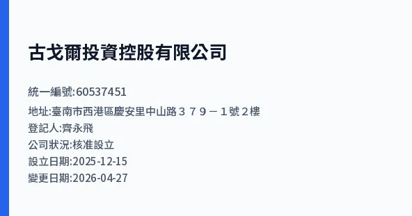 古戈爾投資控股有限公司的照片-統編 60537451(臺南市) 公司登記資料與營業項目詳細圖表