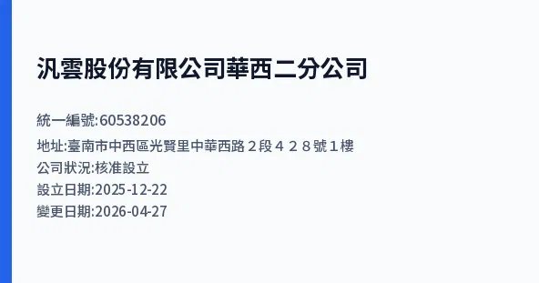 汎雲股份有限公司華西二分公司的照片-統編 60538206(臺南市) 公司登記資料與營業項目詳細圖表