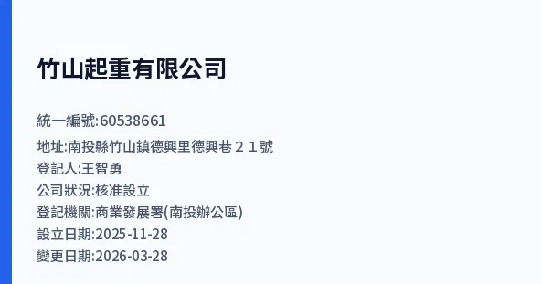 竹山起重有限公司的照片-統編 60538661(南投縣) 公司登記資料與營業項目詳細圖表