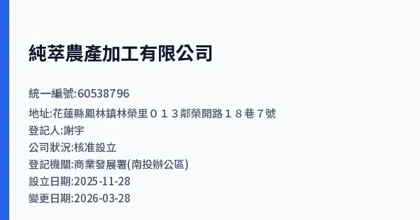 純萃農產加工有限公司的照片-統編 60538796(花蓮縣) 公司登記資料與營業項目詳細圖表