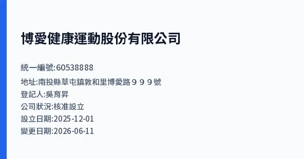 博愛健康運動股份有限公司的照片-統編 60538888(南投縣) 公司登記資料與營業項目詳細圖表