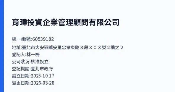 育瑋投資企業管理顧問有限公司的照片-統編 60539182(臺北市) 公司登記資料與營業項目詳細圖表