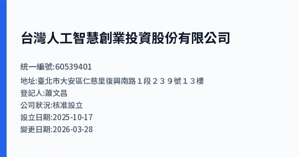 台灣人工智慧創業投資股份有限公司的照片-統編 60539401(臺北市) 公司登記資料與營業項目詳細圖表