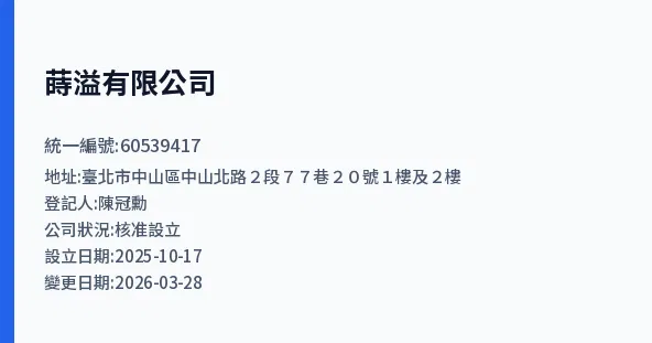 蒔溢有限公司的照片-統編 60539417(臺北市) 公司登記資料與營業項目詳細圖表