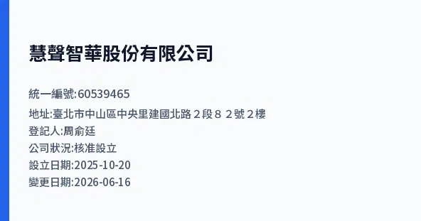 慧聲智華股份有限公司的照片-統編 60539465(臺北市) 公司登記資料與營業項目詳細圖表