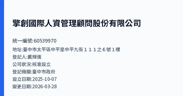 擎創國際人資管理顧問股份有限公司的照片-統編 60539970(臺中市) 公司登記資料與營業項目詳細圖表