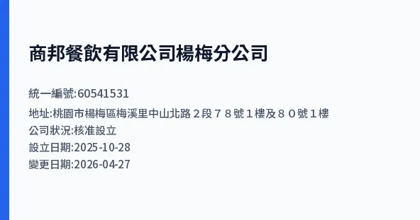商邦餐飲有限公司楊梅分公司的照片-統編 60541531(桃園市) 公司登記資料與營業項目詳細圖表