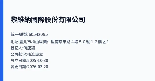 黎維納國際股份有限公司的照片-統編 60542095(臺北市) 公司登記資料與營業項目詳細圖表