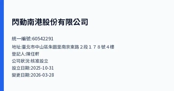 閃動南港股份有限公司的照片-統編 60542291(臺北市) 公司登記資料與營業項目詳細圖表