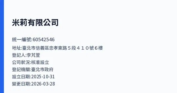 米莉有限公司的照片-統編 60542546(臺北市) 公司登記資料與營業項目詳細圖表
