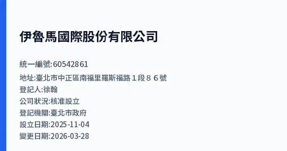 伊魯馬國際股份有限公司的照片-統編 60542861(臺北市) 公司登記資料與營業項目詳細圖表