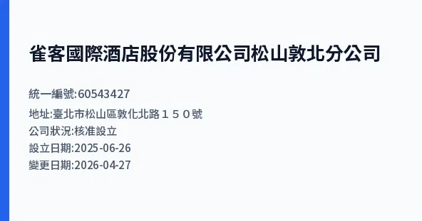 雀客國際酒店股份有限公司松山敦北分公司的照片-統編 60543427(臺北市) 公司登記資料與營業項目詳細圖表