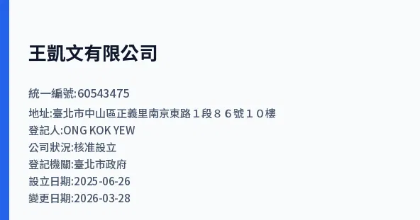 王凱文有限公司的照片-統編 60543475(臺北市) 公司登記資料與營業項目詳細圖表