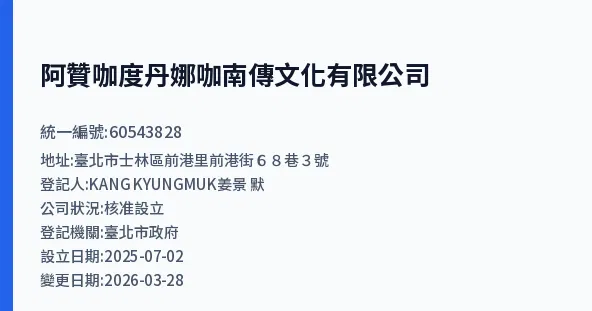 阿贊咖度丹娜咖南傳文化有限公司的照片-統編 60543828(臺北市) 公司登記資料與營業項目詳細圖表
