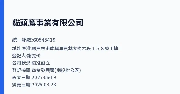 貓頭鷹事業有限公司的照片-統編 60545419(彰化縣) 公司登記資料與營業項目詳細圖表