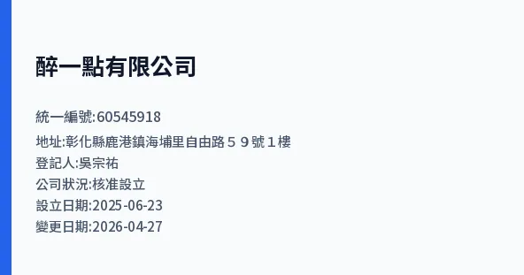 醉一點有限公司的照片-統編 60545918(彰化縣) 公司登記資料與營業項目詳細圖表