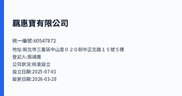 羈惠寶有限公司的照片-統編 60547872(新北市) 公司登記資料與營業項目詳細圖表