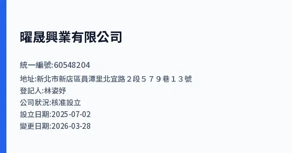 曜晟興業有限公司的照片-統編 60548204(新北市) 公司登記資料與營業項目詳細圖表