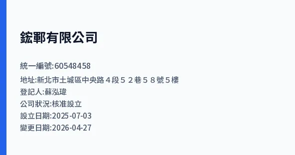 鋐鄆有限公司的照片-統編 60548458(新北市) 公司登記資料與營業項目詳細圖表