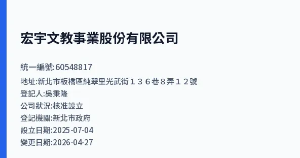 宏宇文教事業股份有限公司的照片-統編 60548817(新北市) 公司登記資料與營業項目詳細圖表