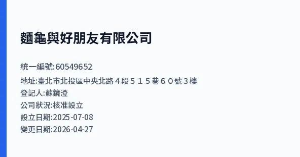 麵龜與好朋友有限公司的照片-統編 60549652(臺北市) 公司登記資料與營業項目詳細圖表