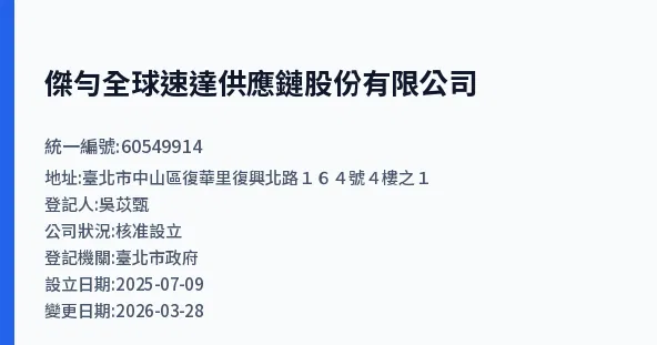 傑勻全球速達供應鏈股份有限公司的照片-統編 60549914(臺北市) 公司登記資料與營業項目詳細圖表