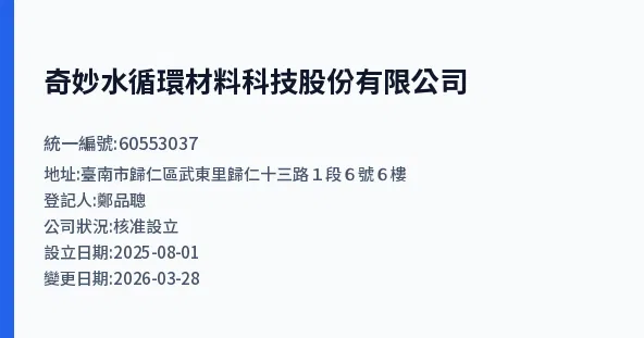 奇妙水循環材料科技股份有限公司的照片-統編 60553037(臺南市) 公司登記資料與營業項目詳細圖表