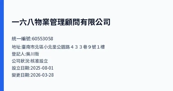 一六八物業管理顧問有限公司的照片-統編 60553058(臺南市) 公司登記資料與營業項目詳細圖表