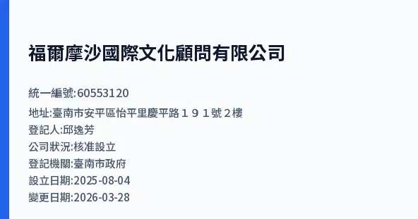 福爾摩沙國際文化顧問有限公司的照片-統編 60553120(臺南市) 公司登記資料與營業項目詳細圖表
