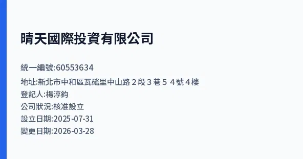 晴天國際投資有限公司的照片-統編 60553634(新北市) 公司登記資料與營業項目詳細圖表