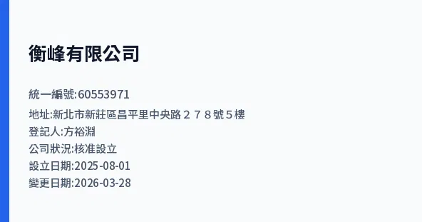 衡峰有限公司的照片-統編 60553971(新北市) 公司登記資料與營業項目詳細圖表