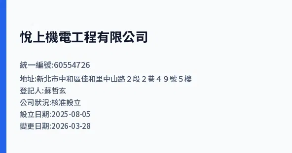 悅上機電工程有限公司的照片-統編 60554726(新北市) 公司登記資料與營業項目詳細圖表