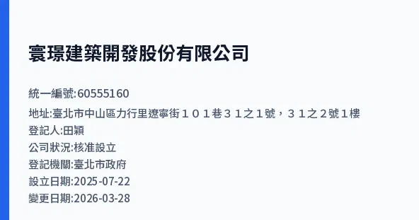寰璟建築開發股份有限公司的照片-統編 60555160(臺北市) 公司登記資料與營業項目詳細圖表
