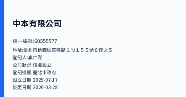 中本有限公司的照片-統編 60555577(臺北市) 公司登記資料與營業項目詳細圖表