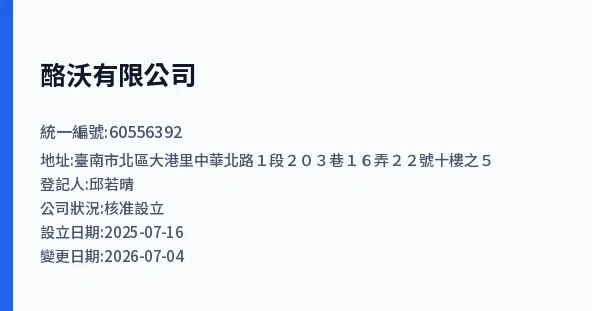 酪沃有限公司的照片-統編 60556392 公司登記資料與營業項目詳細圖表