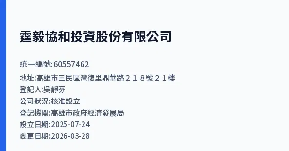 霆毅協和投資股份有限公司的照片-統編 60557462(高雄市) 公司登記資料與營業項目詳細圖表