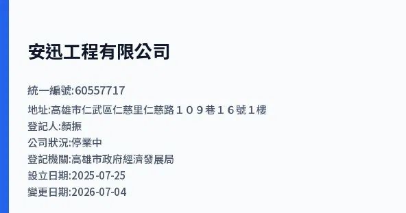 安迅工程有限公司的照片-統編 60557717(高雄市) 公司登記資料與營業項目詳細圖表