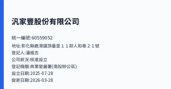 汎家豐股份有限公司的照片-統編 60559052(彰化縣) 公司登記資料與營業項目詳細圖表
