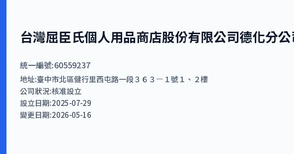 台灣屈臣氏個人用品商店股份有限公司德化分公司的照片-統編 60559237(臺中市) 公司登記資料與營業項目詳細圖表