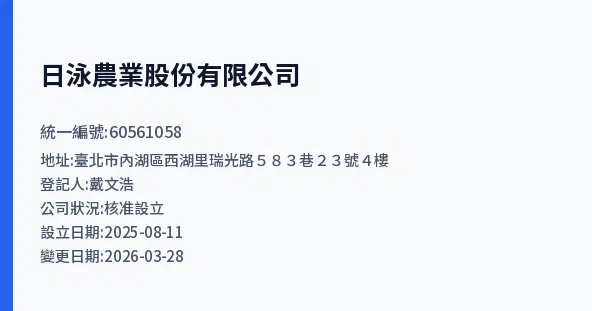 日泳農業股份有限公司的照片-統編 60561058(臺北市) 公司登記資料與營業項目詳細圖表