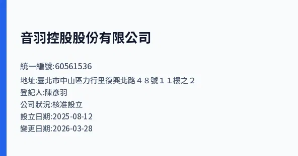音羽控股股份有限公司的照片-統編 60561536(臺北市) 公司登記資料與營業項目詳細圖表