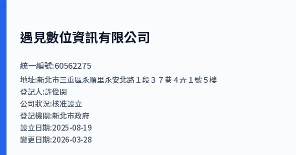遇見數位資訊有限公司的照片-統編 60562275(新北市) 公司登記資料與營業項目詳細圖表